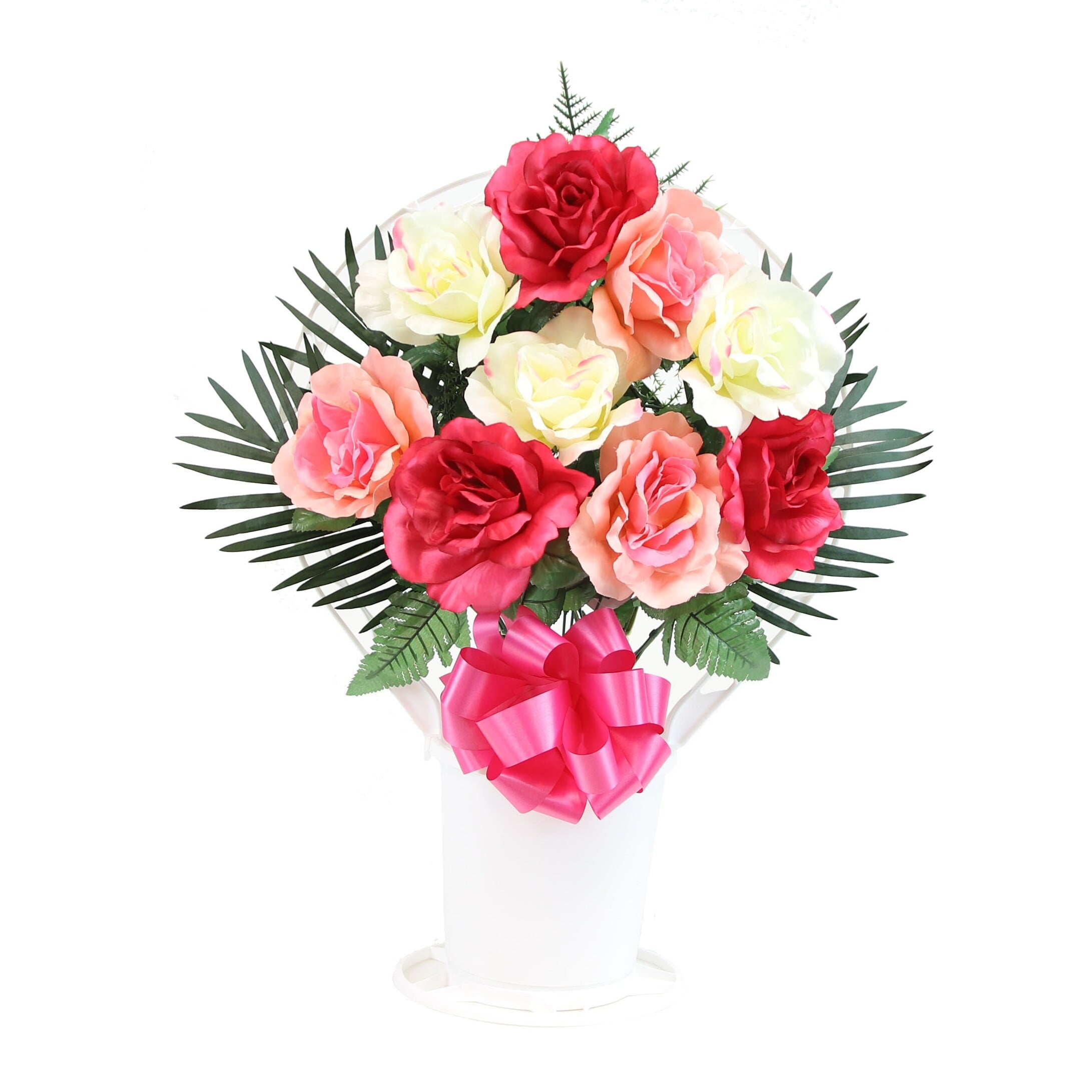 Memorial Large Rose Arrangement in Large, White Cemetery Hoop Basket ...