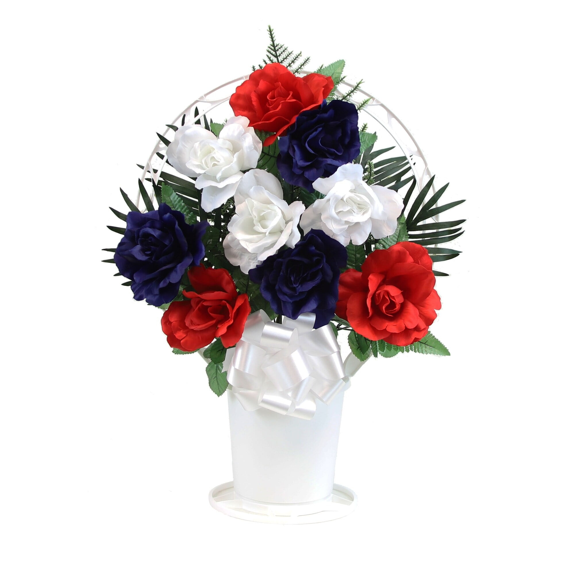 Memorial Large Rose Arrangement in Large, White Cemetery Hoop Basket ...