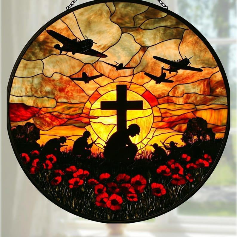 Memorial Soldier Faux Stained Glass Suncatcher – Round Window Hanging ...