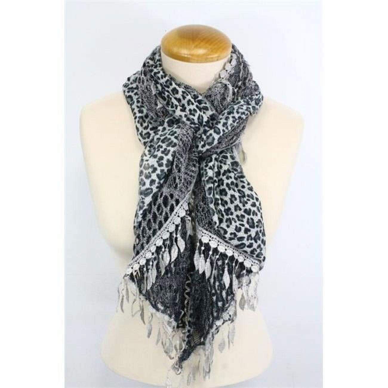 Memories MSF150-6-02 Gray Leopard Print & Lace Ruffle Scarf with Tassel ...