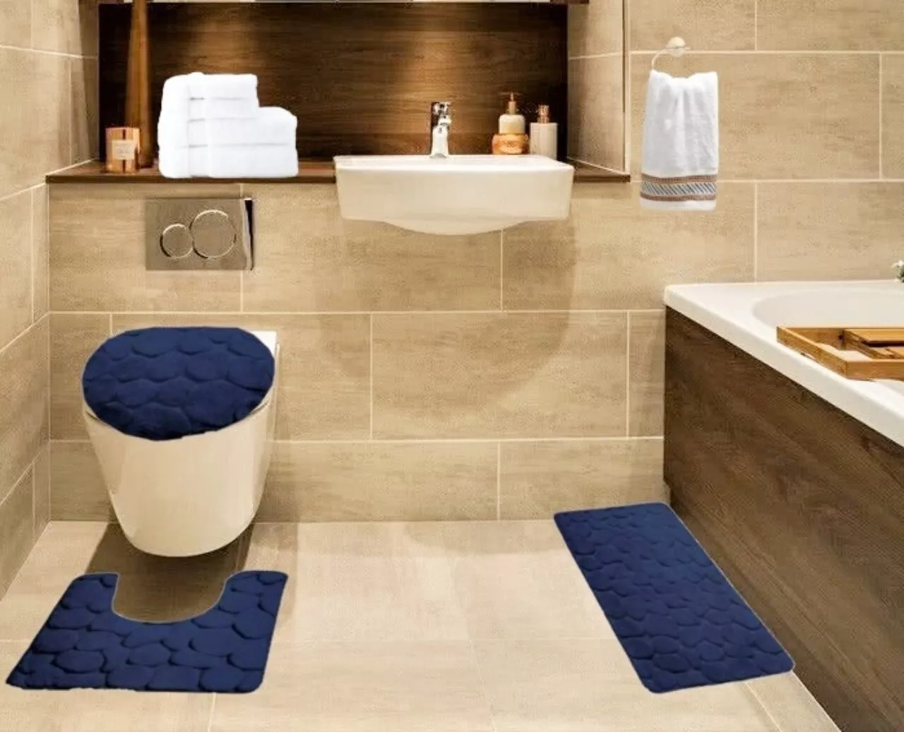Memory Foam Bathroom Rugs Set Cobblestone Embossed Ultrasoft Non Slip ...