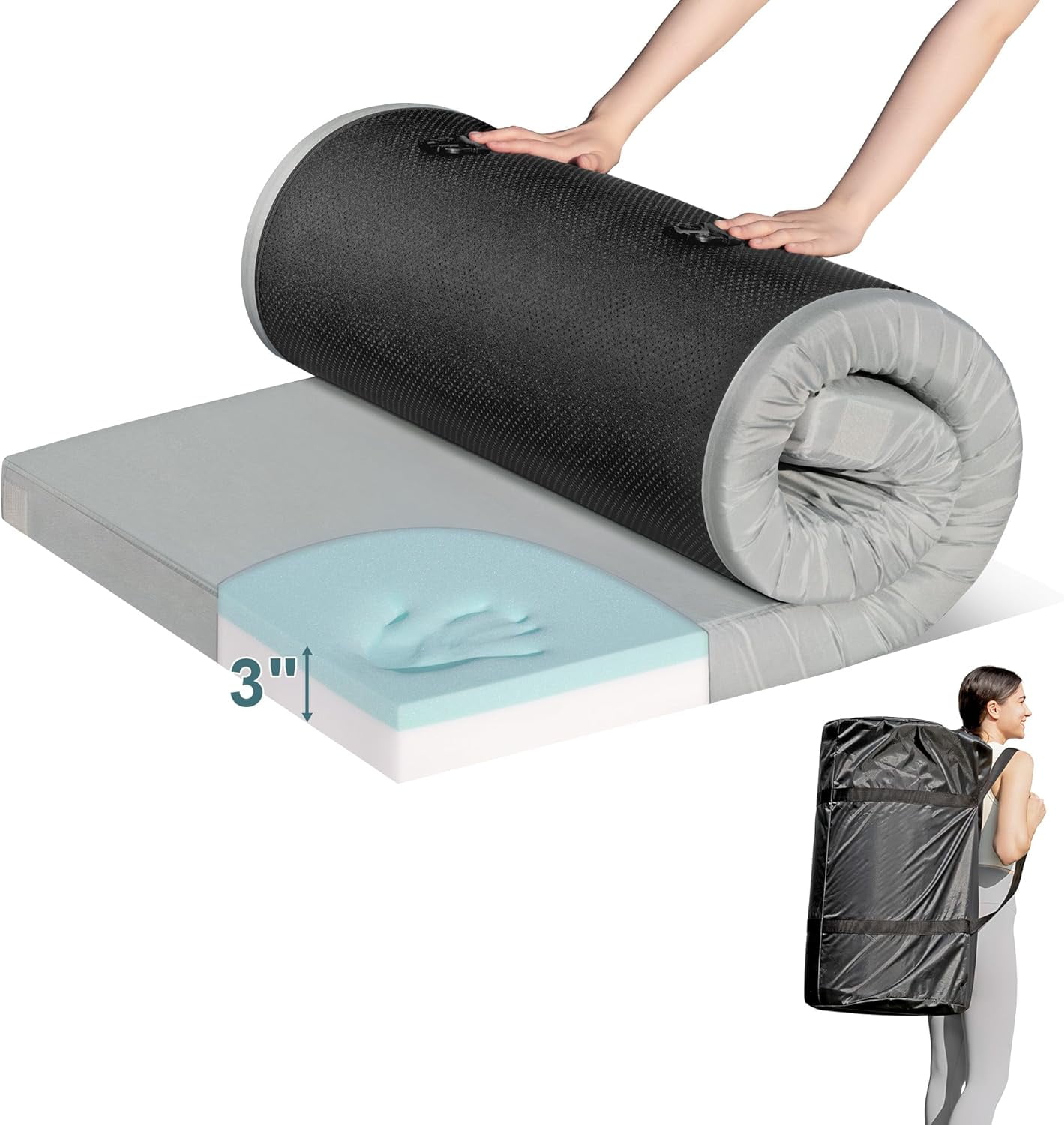 Memory Foam Camping Mattress Pad, CertiPUR-US Waterproof Portable Roll ...