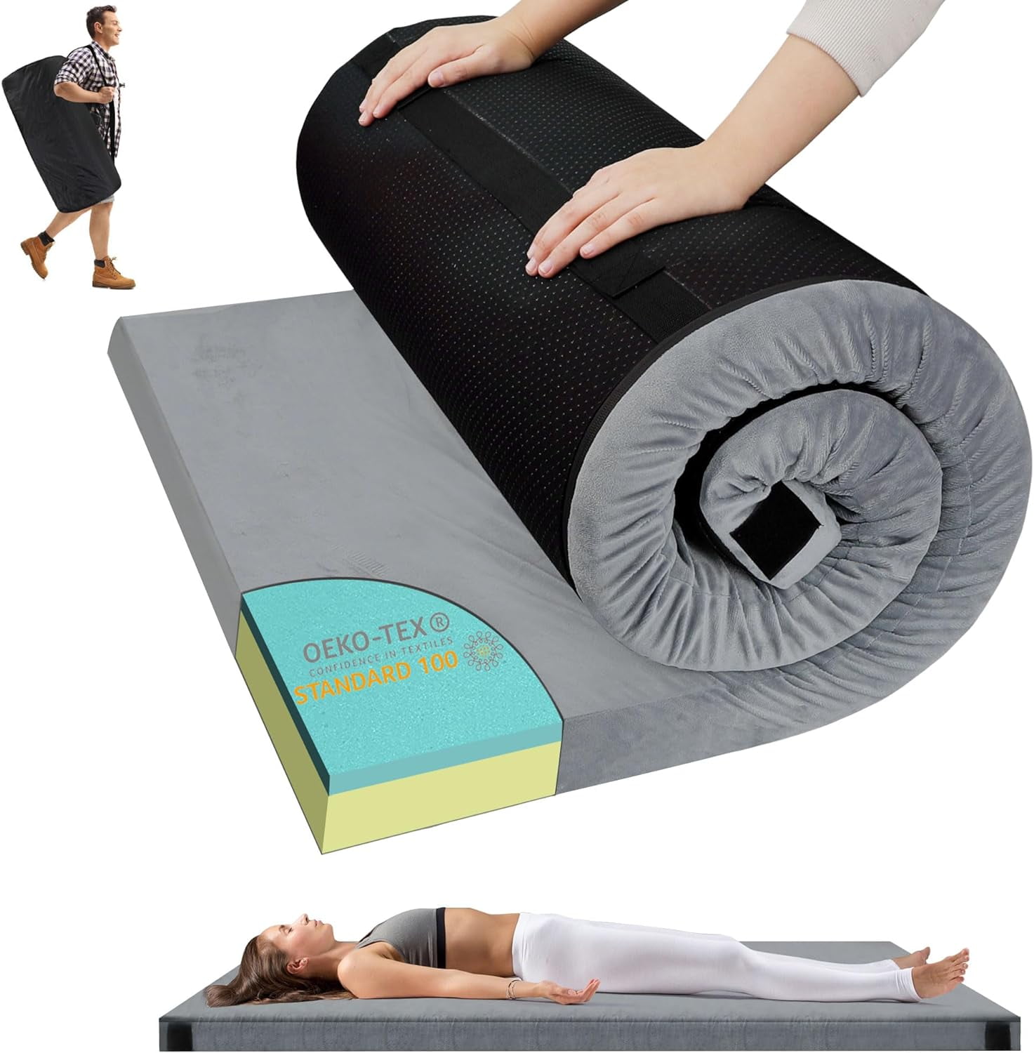 Memory Foam Camping Mattress Pad, Portable Sleeping Pad Roll Up Travel ...