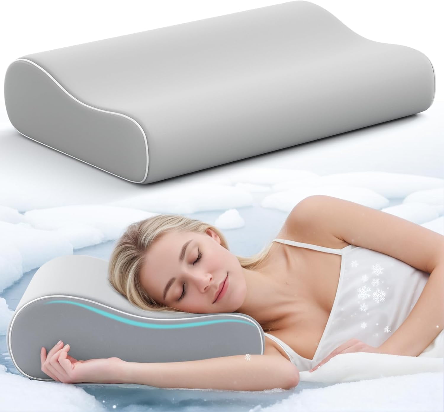 Memory Foam Contoured Pillow - Cervical Neck Pillows for Sleeping with Cooling Cover- Ergonomic ...