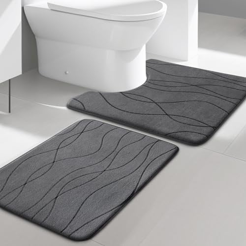 Memory Foam Grey Bathroom Rug Sets 2 Piece, Ultra Absorbent Bath Mat ...