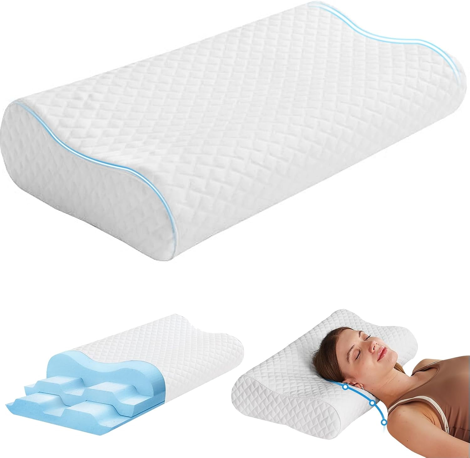 Memory Foam Neck Cervical Pillows for Neck Pain Relief, Ergonomic ...