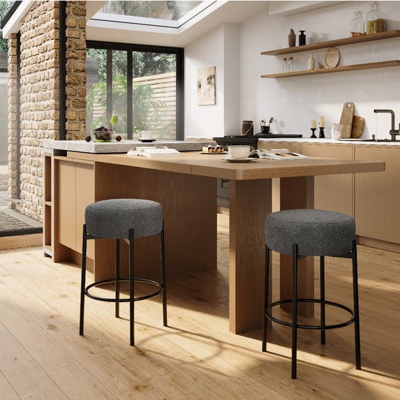 MemoryField Set of 2 Backless Bar Stools - 24" Round Sherpa Upholstered ...