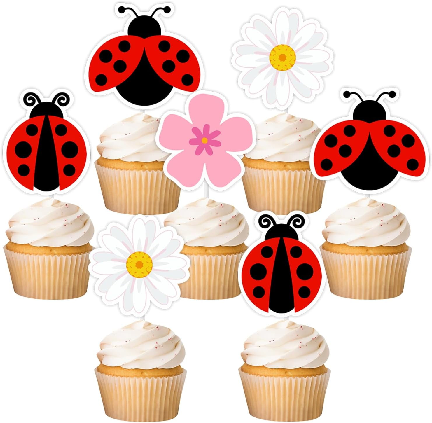 Memostor 36Pcs Ladybug Cupcake Topper, Flowers Insects Cupcake Picks ...