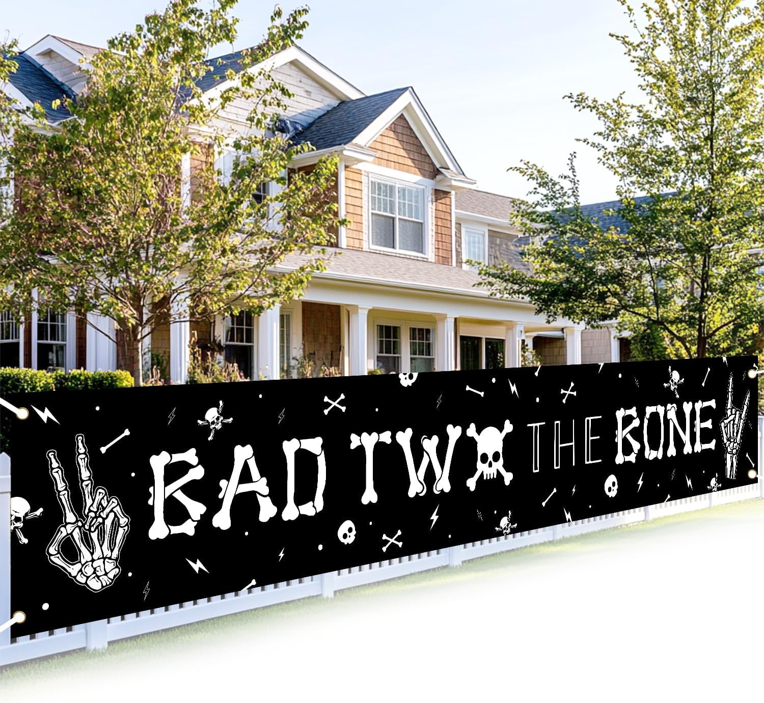 Memostor Bad Two The Bone Banner, Rock n Roll 2nd Birthday Yard Banner ...