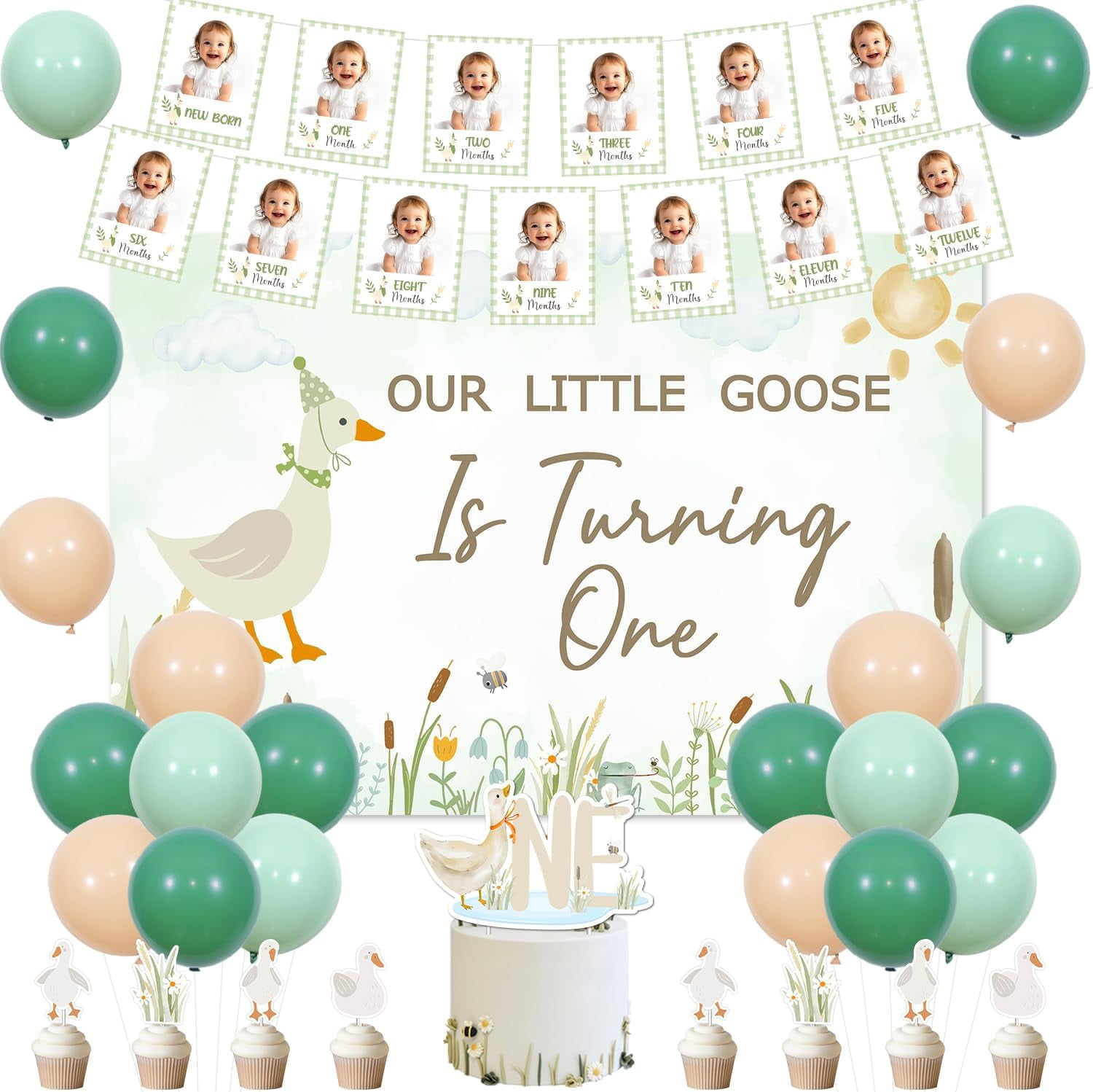 Memostor Goose 1st Birthday Party Decor Green Our Little Goose Is ...