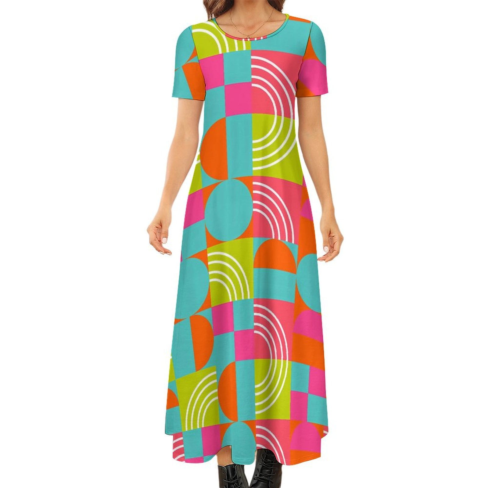 Memphis Color Block Dress Geometric Retro Maxi Dress Aesthetic Boho ...
