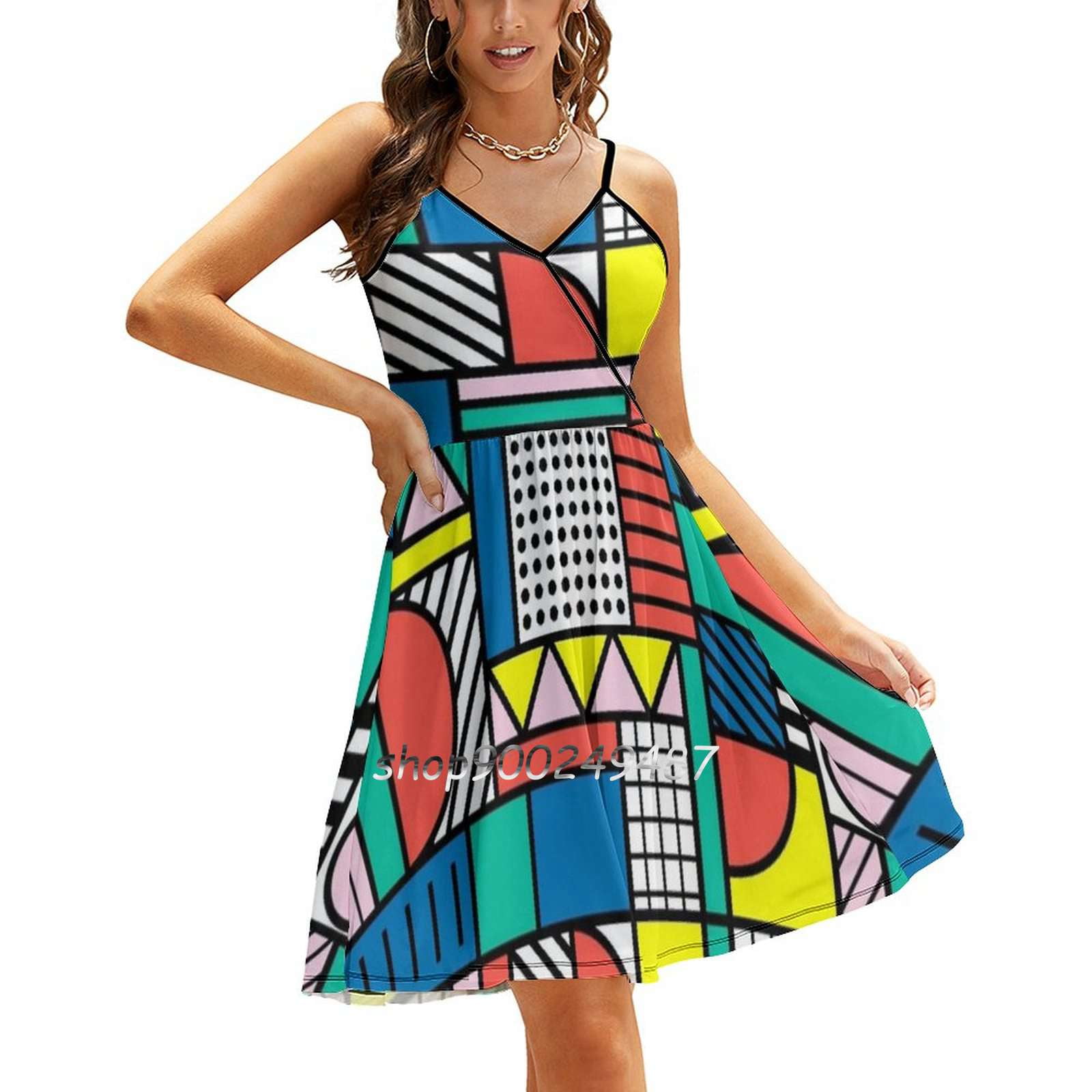 Memphis Color Block Flare Dress Square Neck Dress Elegant Female ...