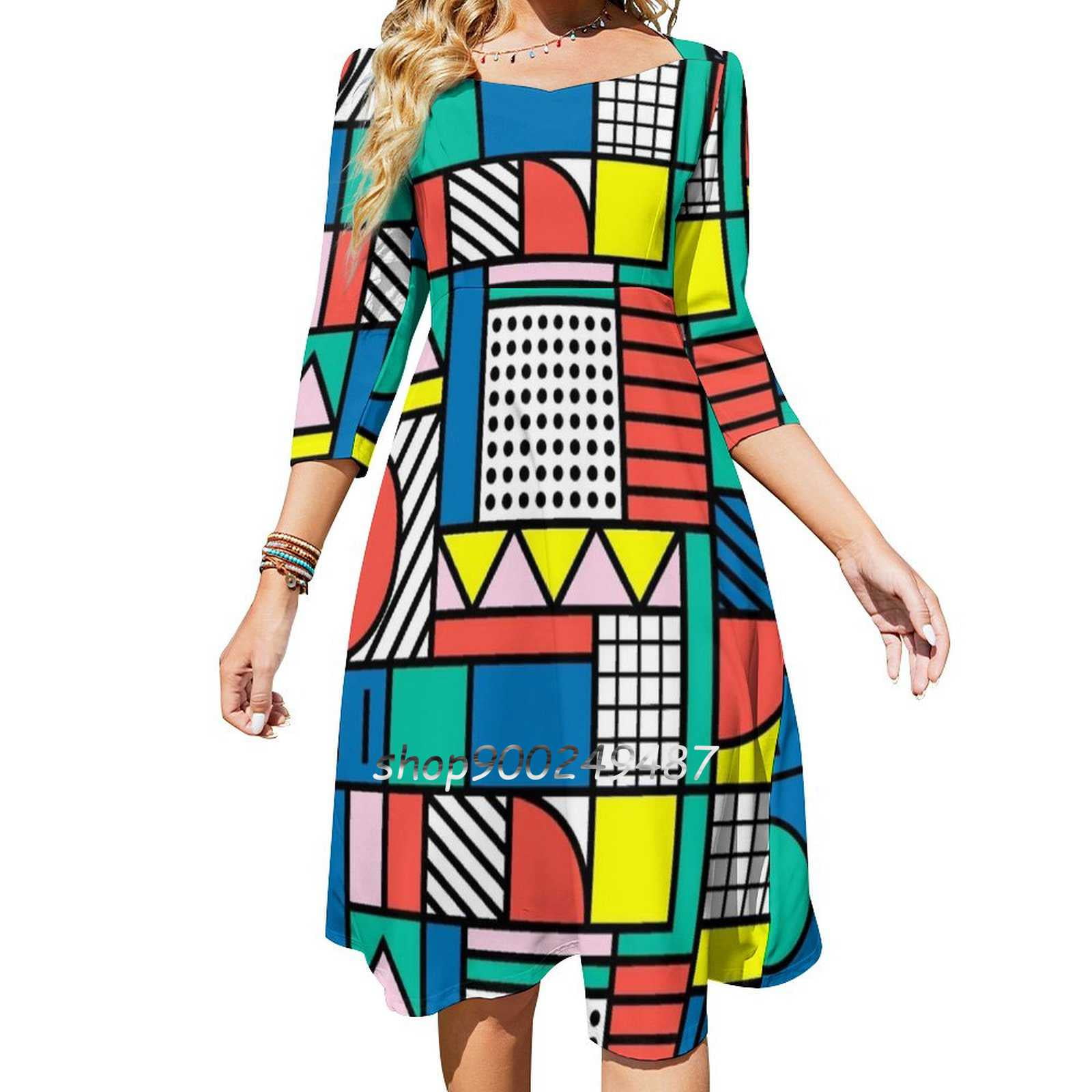 Memphis Color Block Flare Dress Square Neck Dress Elegant Female ...