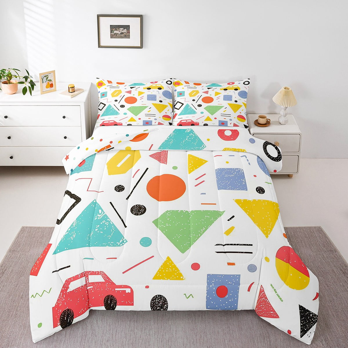 Memphis Comforter Set Full Size,Cartoon Car Geometric Triangles Circles ...