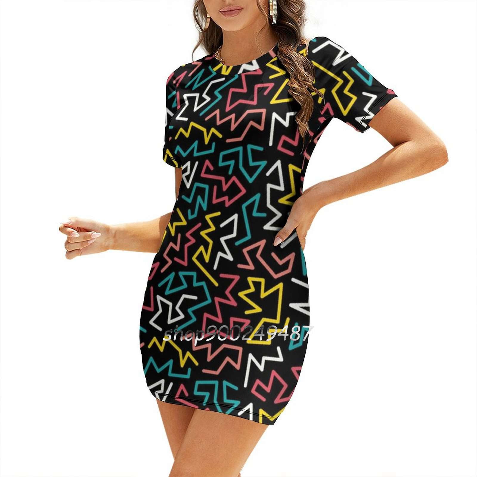 Memphis Dark Pattern. Trendy Geometric Shapes 80S 90S Square Neck Dress ...