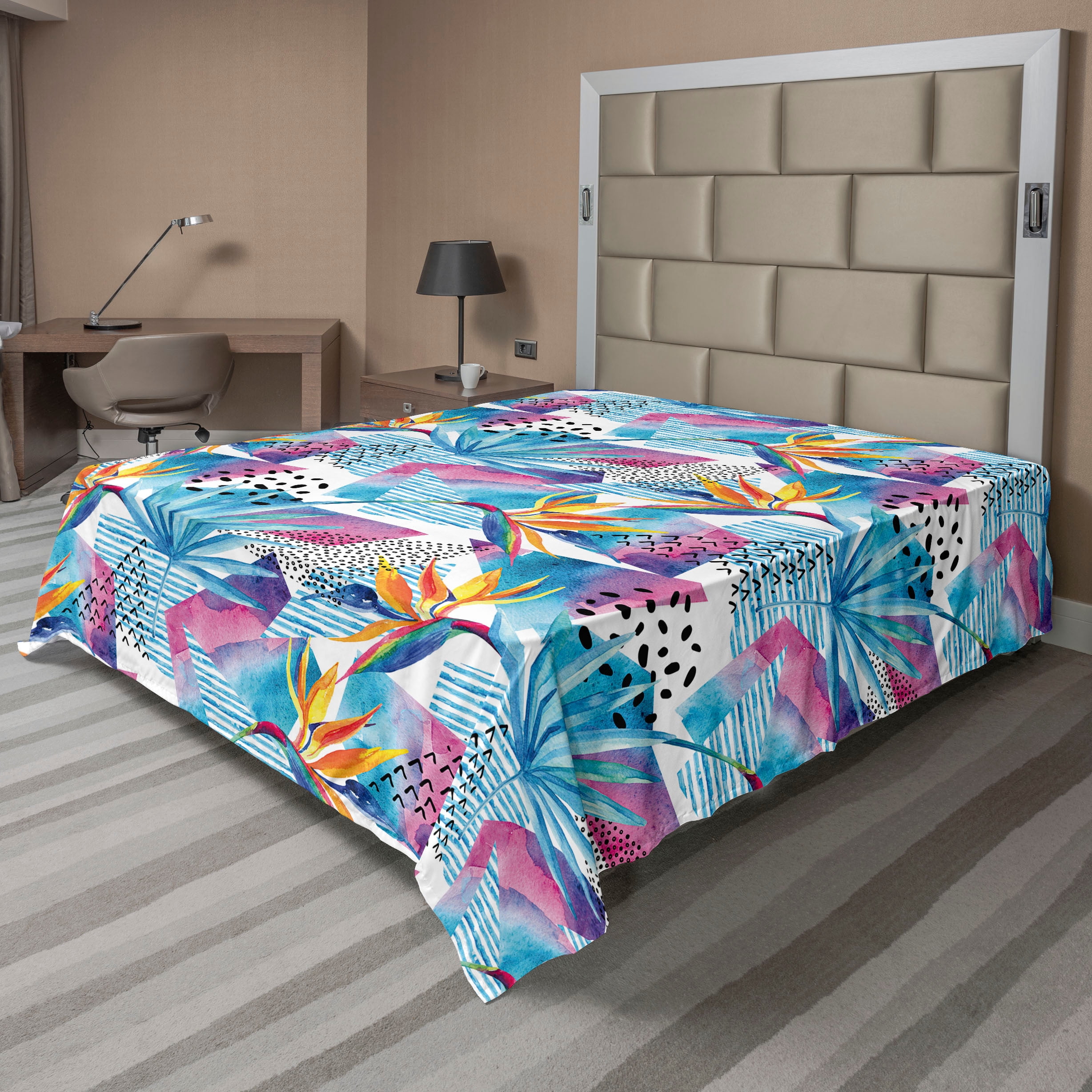 Memphis Design Flat Sheet, Tropical Feel Leaves and Birds Silhouettes ...