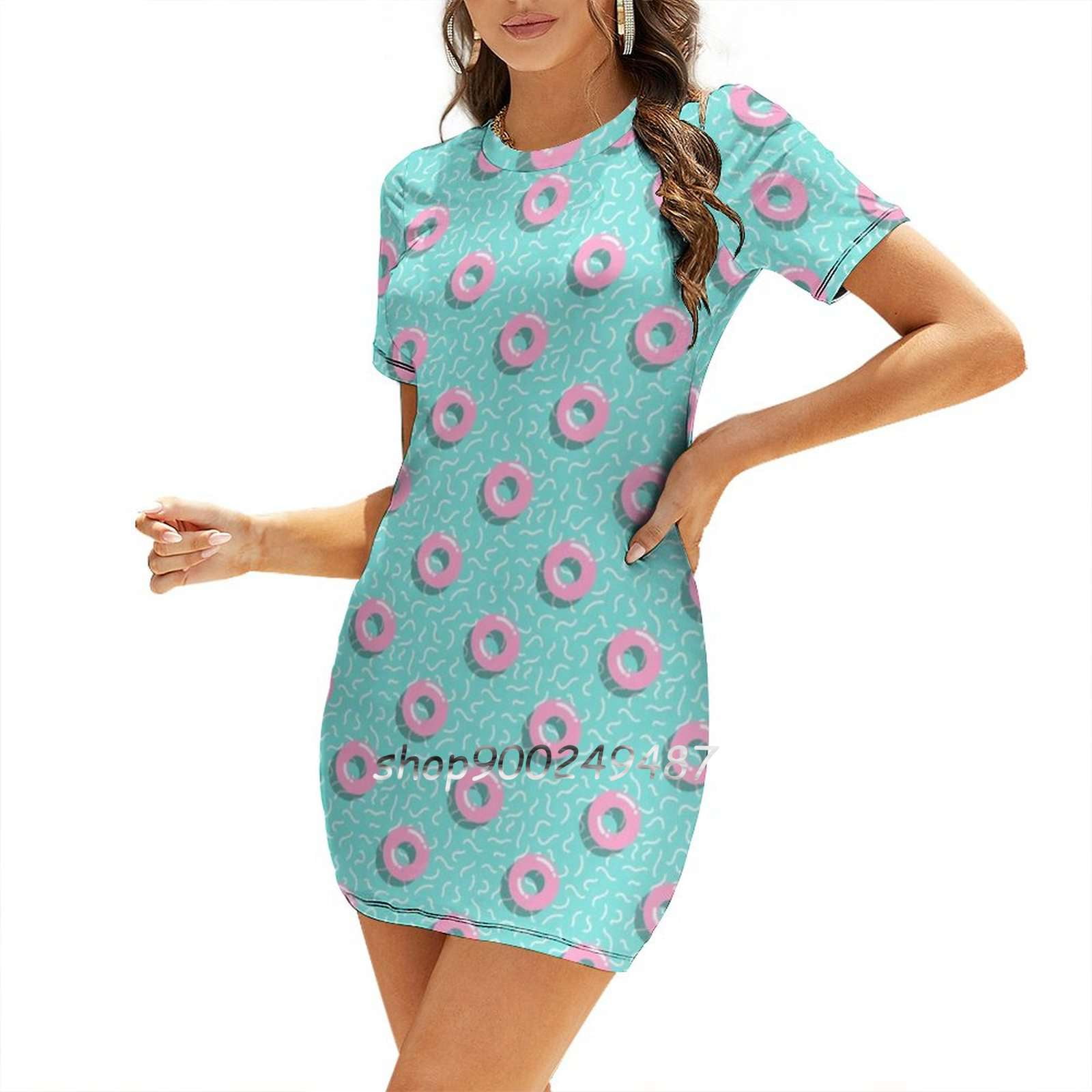 Memphis Polka Hoops Square Neck Dress New Plus Size Elegant Women Waist ...