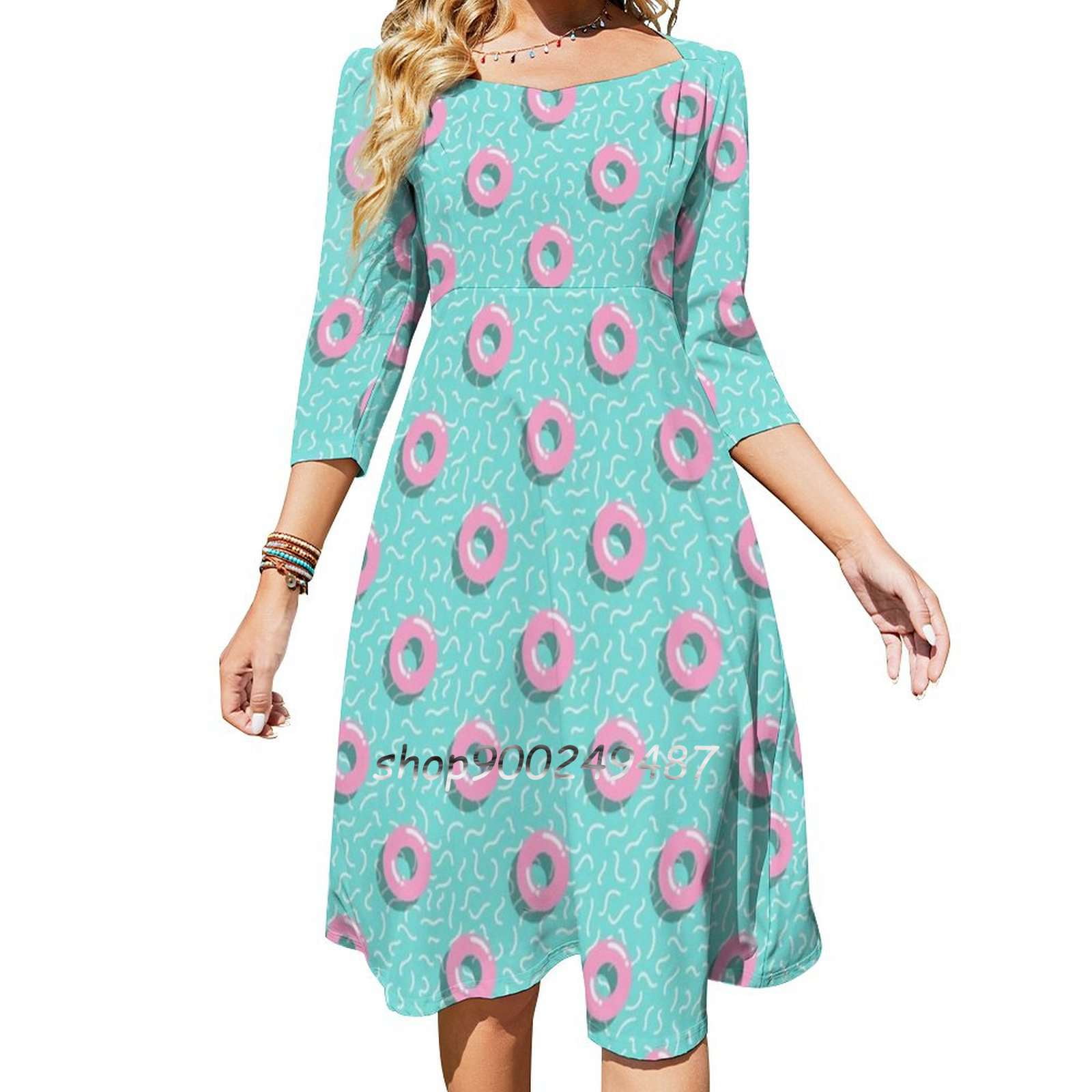 Memphis Polka Hoops Square Neck Dress New Plus Size Elegant Women Waist ...