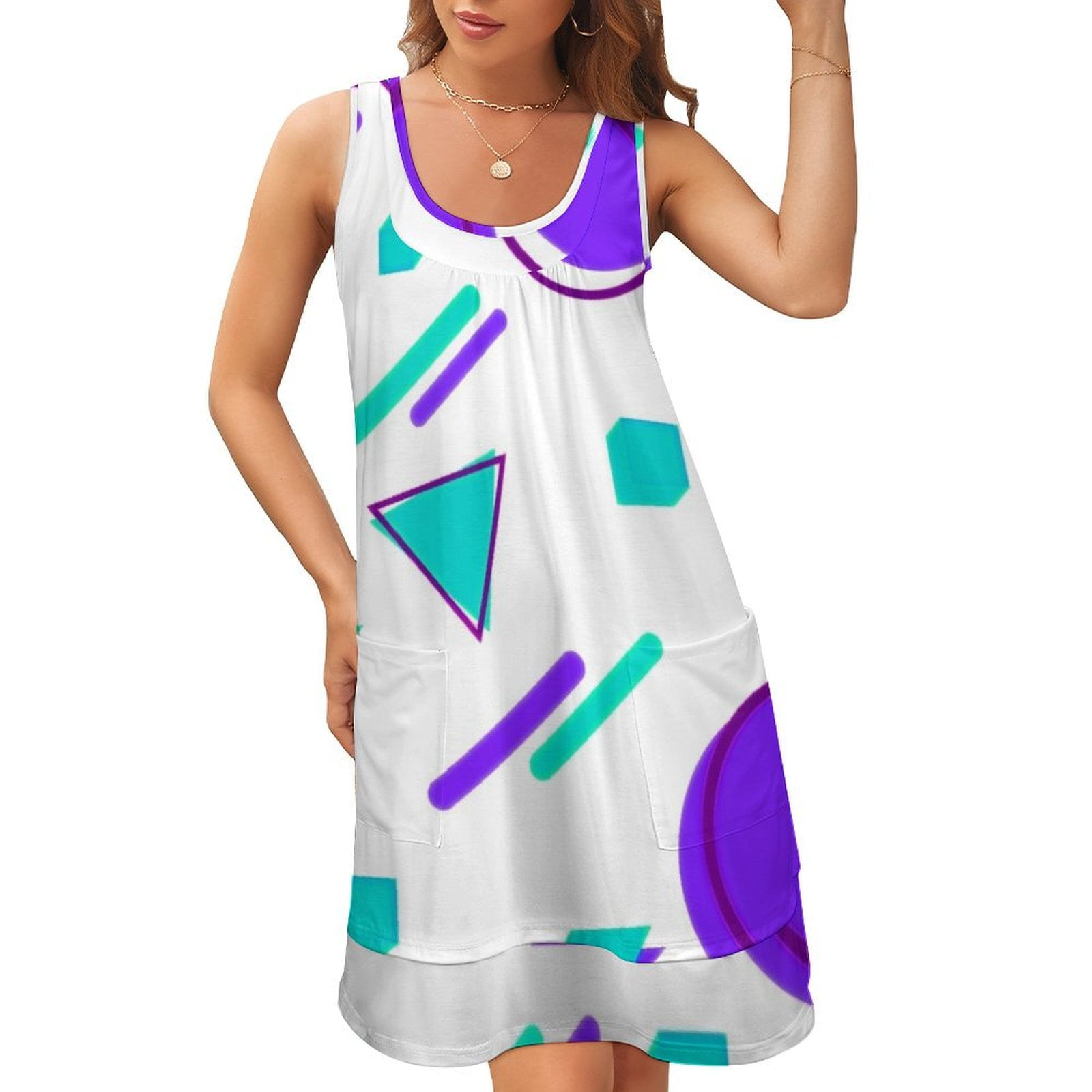 Memphis Style Geometric Sleeveless U-Neck Fake Two Piece Dress summer ...