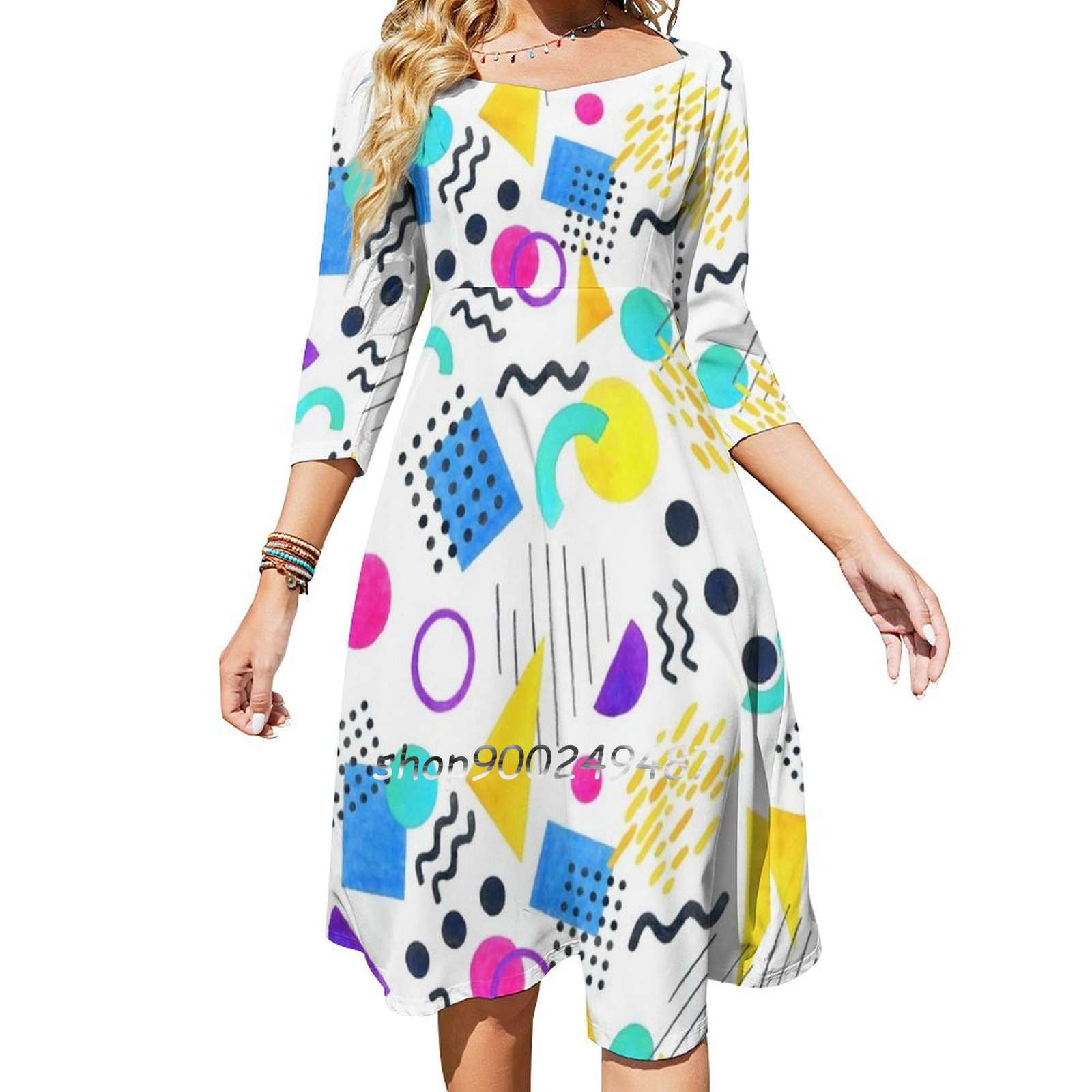 Memphis Style Sweet Elegant Dress Women Korean Kawaii Square Collar ...