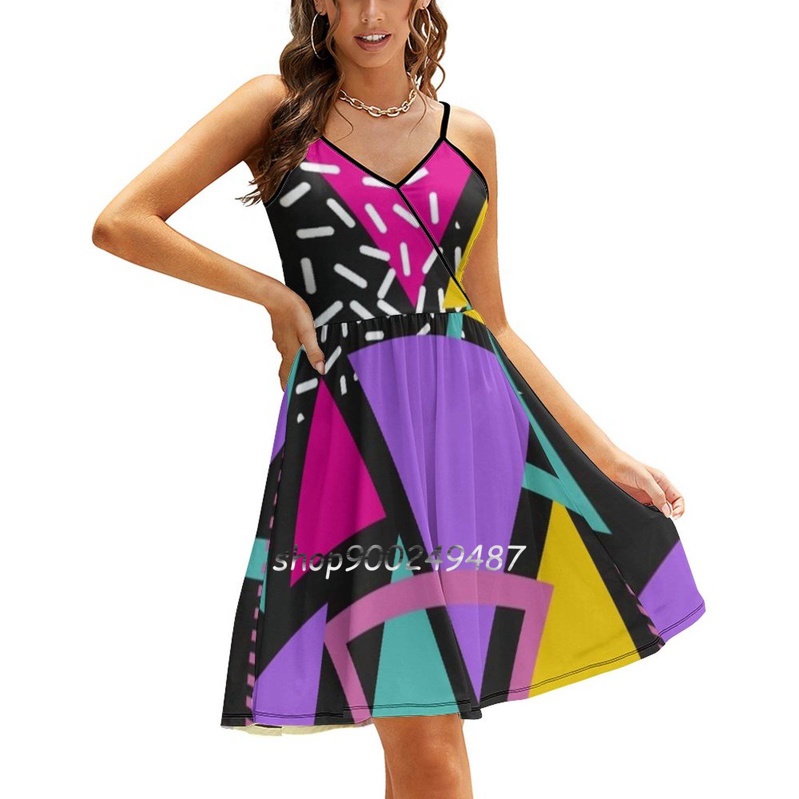 Memphis Triangles Sweet Elegant Dress Women Korean Kawaii Square Collar ...