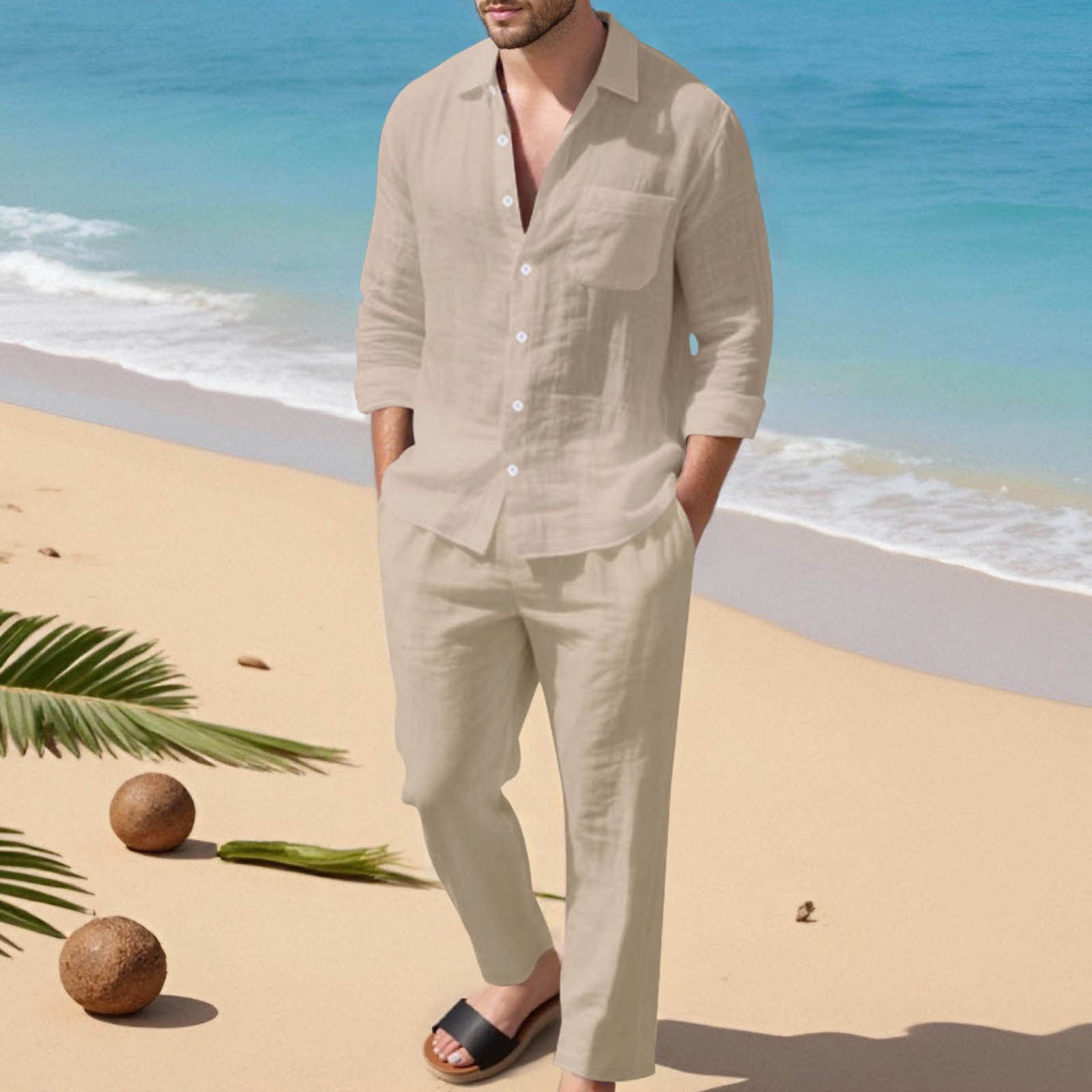 Men 2 Piece Linen Outfit Beach Button Down Long Sleeve Shirt Casual ...