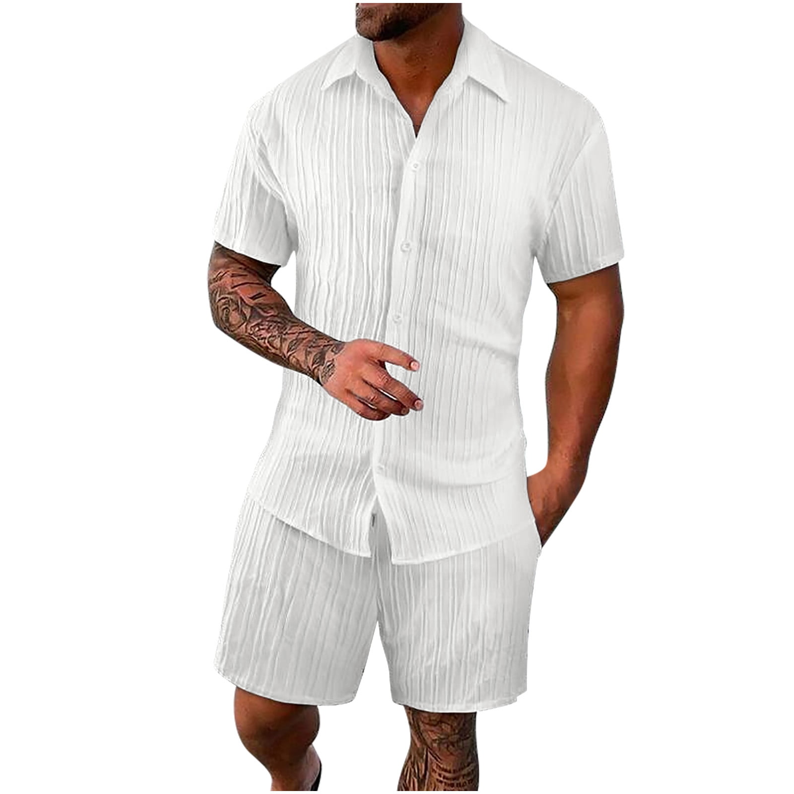 Men 2 Piece Linen Outfit Short Sleeve Button Down Shirts Summer Beach ...
