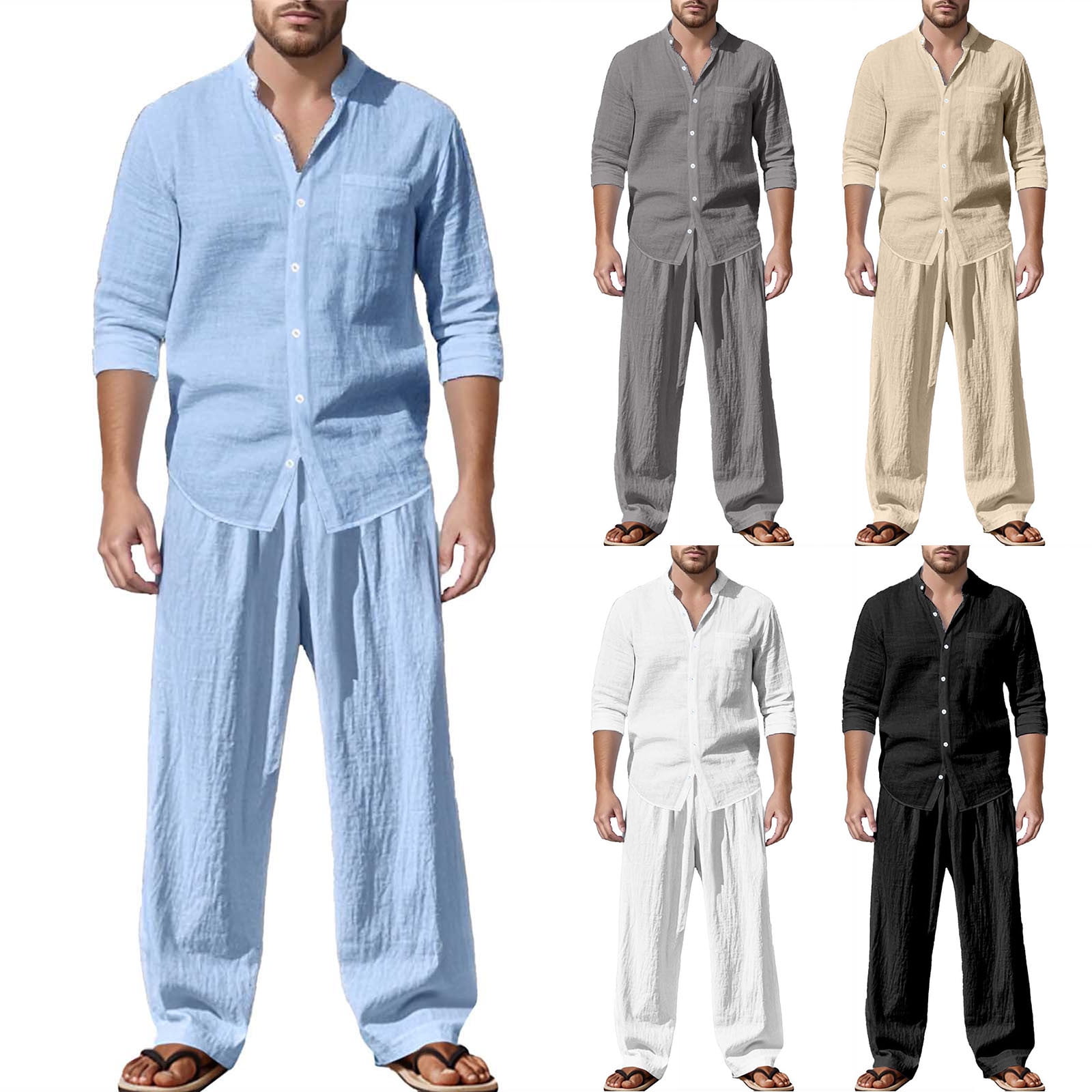 Men 2 Piece Linen Set Outfits Long Pants Button Down Roll Up Sleeve ...