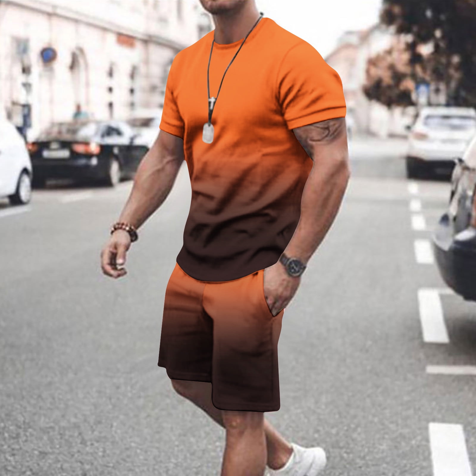 Men 2 Piece Outfits Summer Casual Crew Neck Muscle Short Sleeve Tee ...