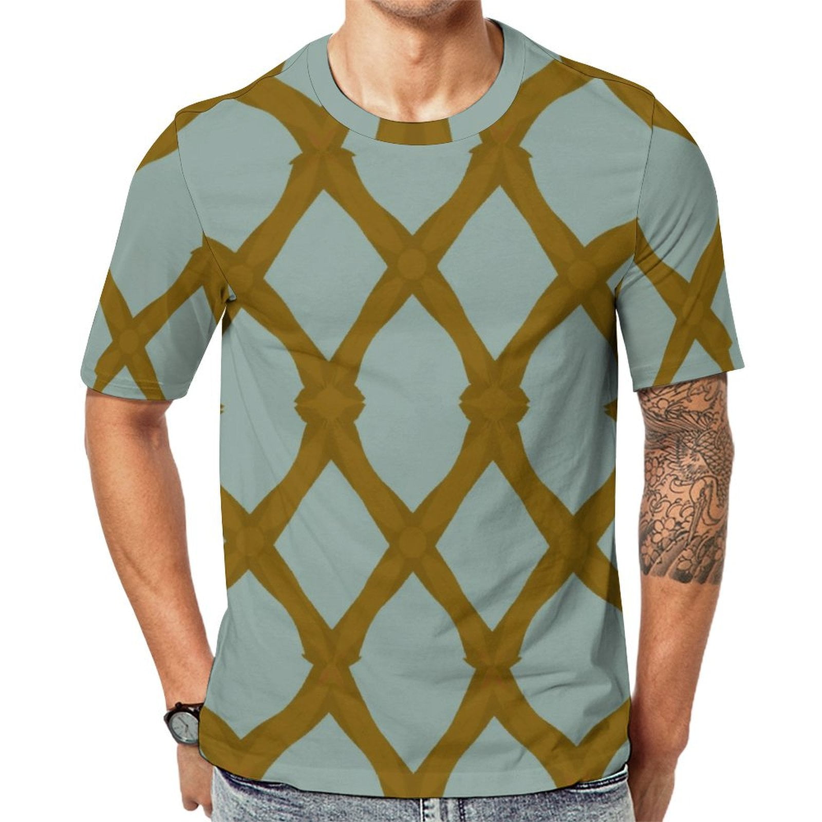 Men 3D Printed Abstract Gold Latticework Blue Background T-Shirt Summer ...