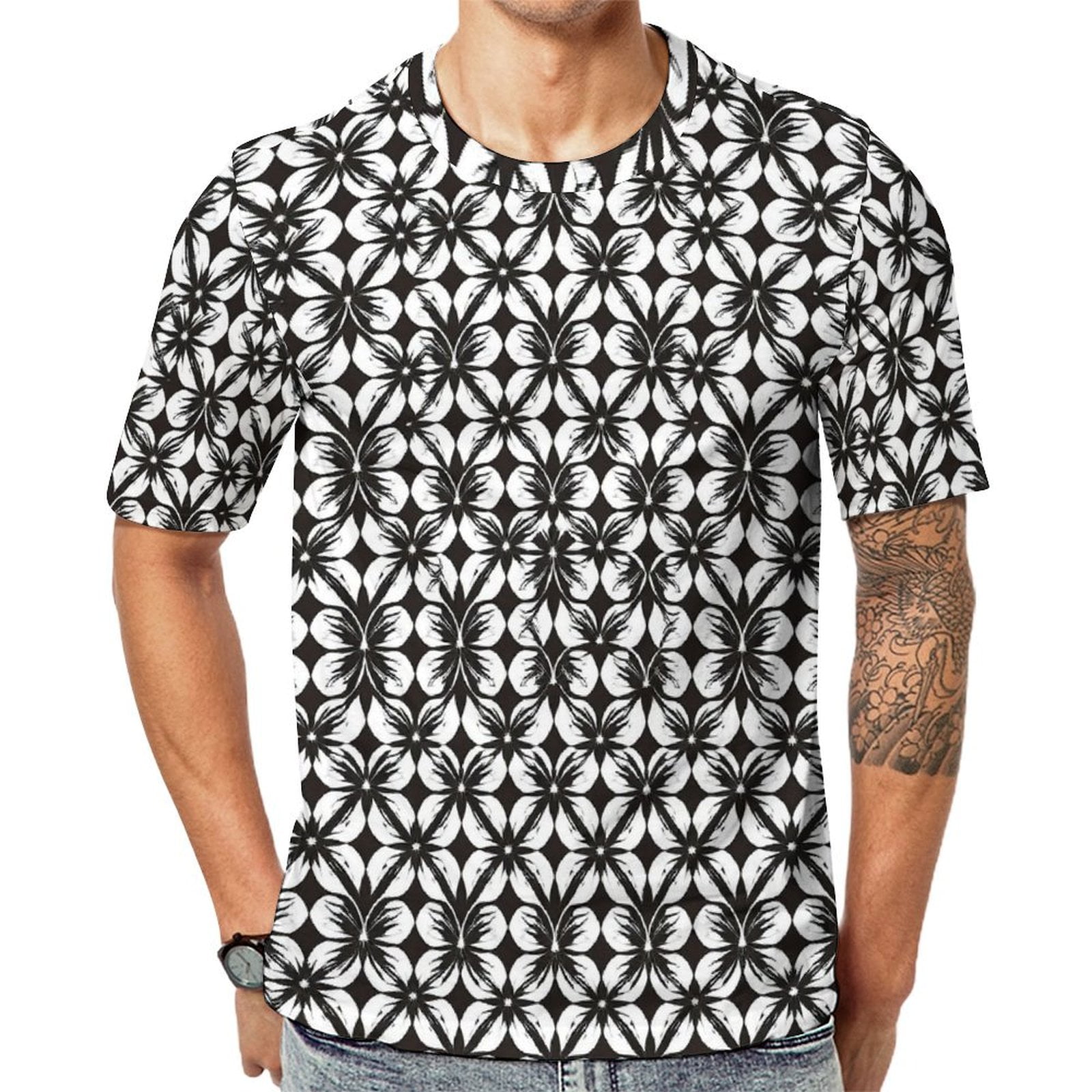 Men 3D Printed Black And White Floral Repeating Pattern Design T-Shirt ...