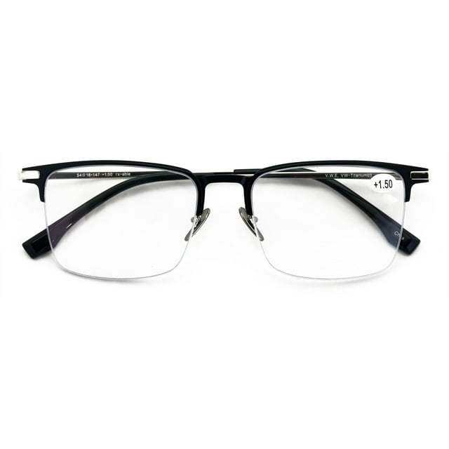 Men Aluminum Optical Frame Wide Fitment Rectangular Reading Glasses with Titanium Temple Half ...