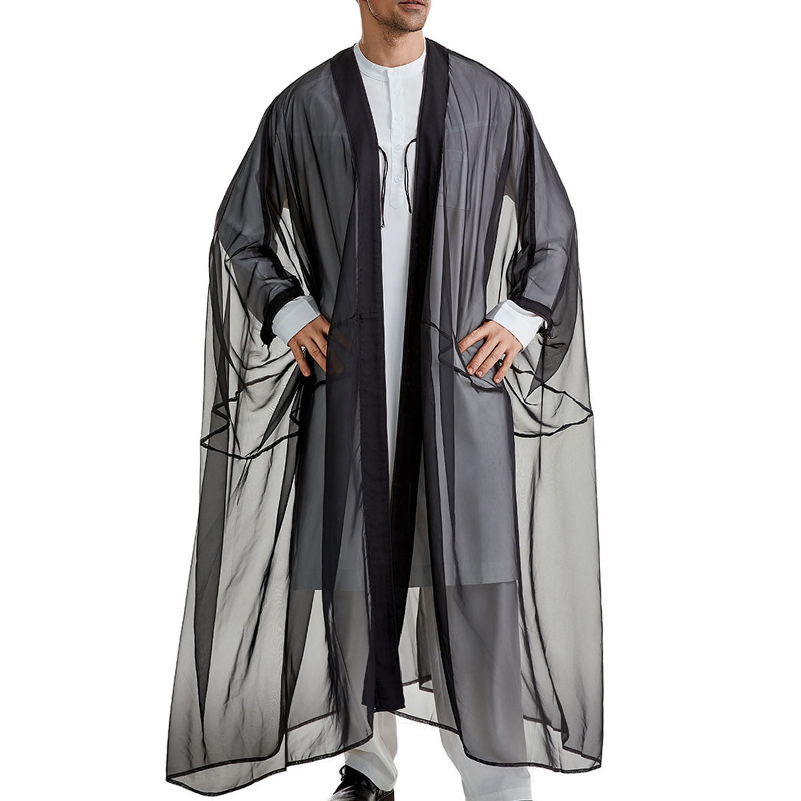Men Arabic Long Sleeve Muslim Thobe Kimono Open Kaftan Robe Solid Color ...