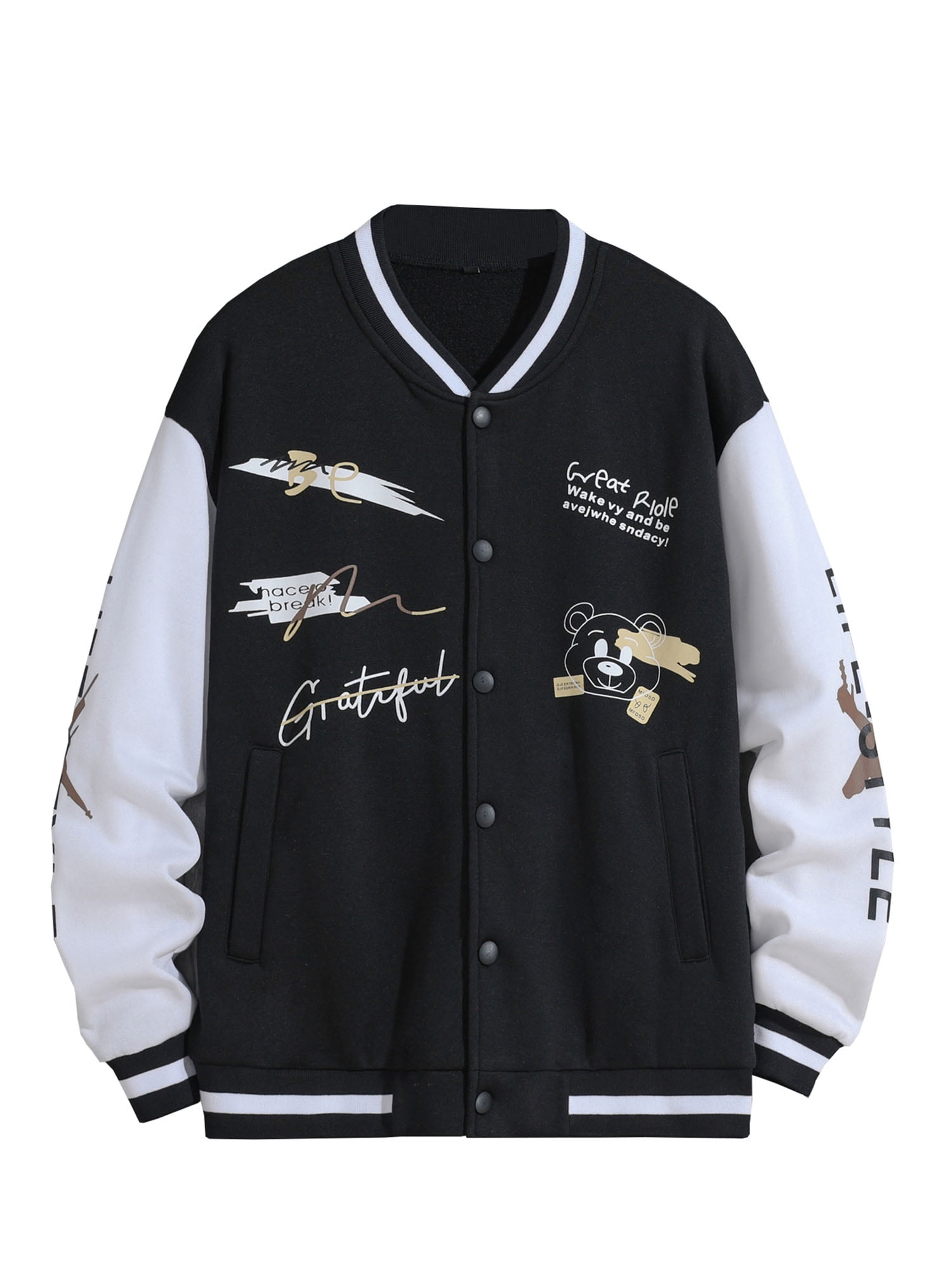 Men Baseball Jacket, Letters Bear Print Contrast Color Varsity Jacket ...