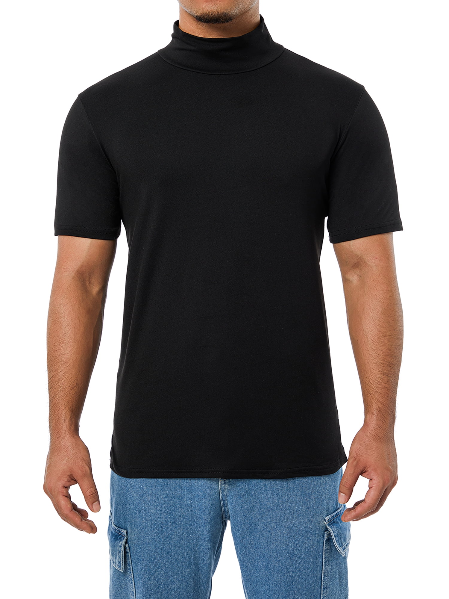 Men Basic T-Shirt Solid Color Mock Turtleneck Short Sleeve Pullovers Undershirt Stretch ...