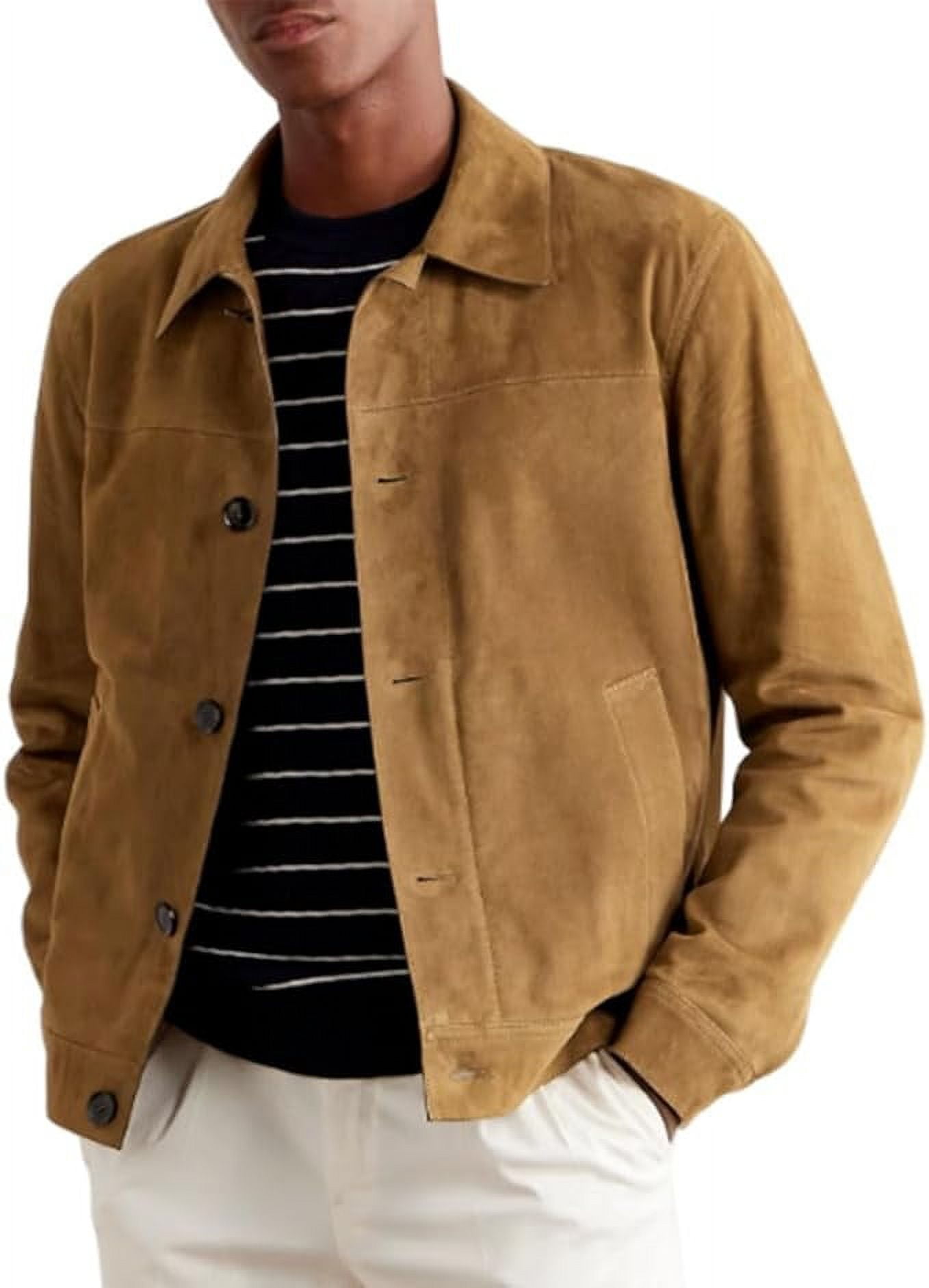 Men Beige Suede Leather Jacket Basic Style Button Closure Gift for him ...