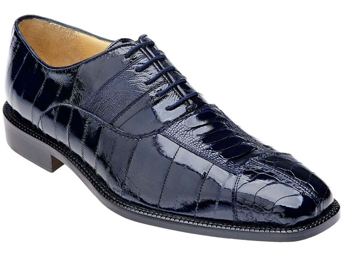 Men Belvedere Shoes Mare Genuine Ostrich Eel Leather Lace up Navy Blue ...