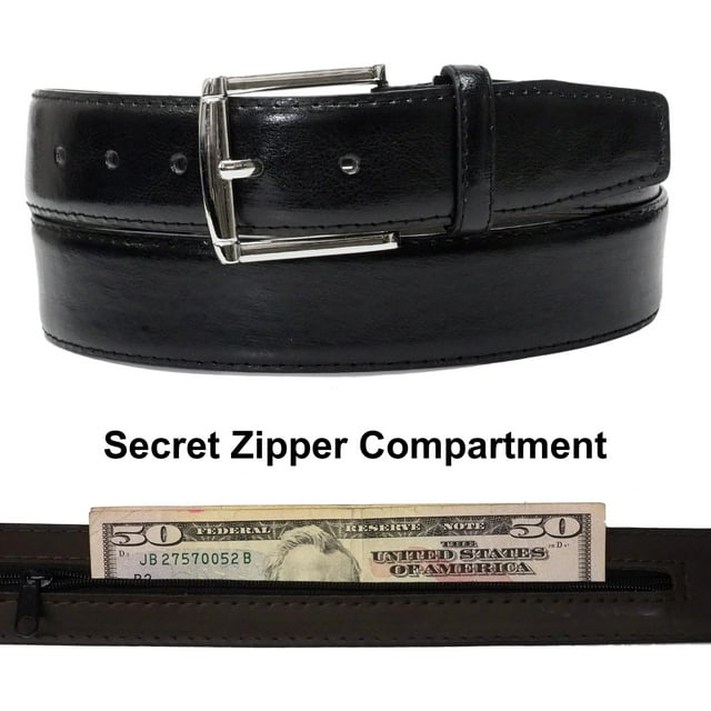 Men Black Leather Money Belt with Secret Hidden Zipper Compartment ...
