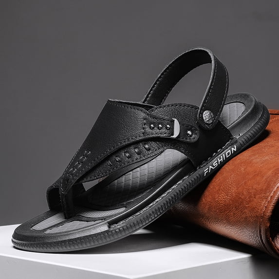 Men Black Two-Wear Thong Sandals Rivet Decor Adjustable Rear Strap ...
