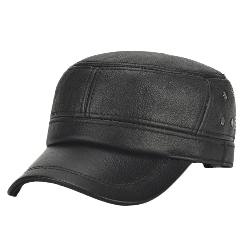 Men Cap Leather Brown Navy Captain Hat Real Cowskin Leather Adjustable ...