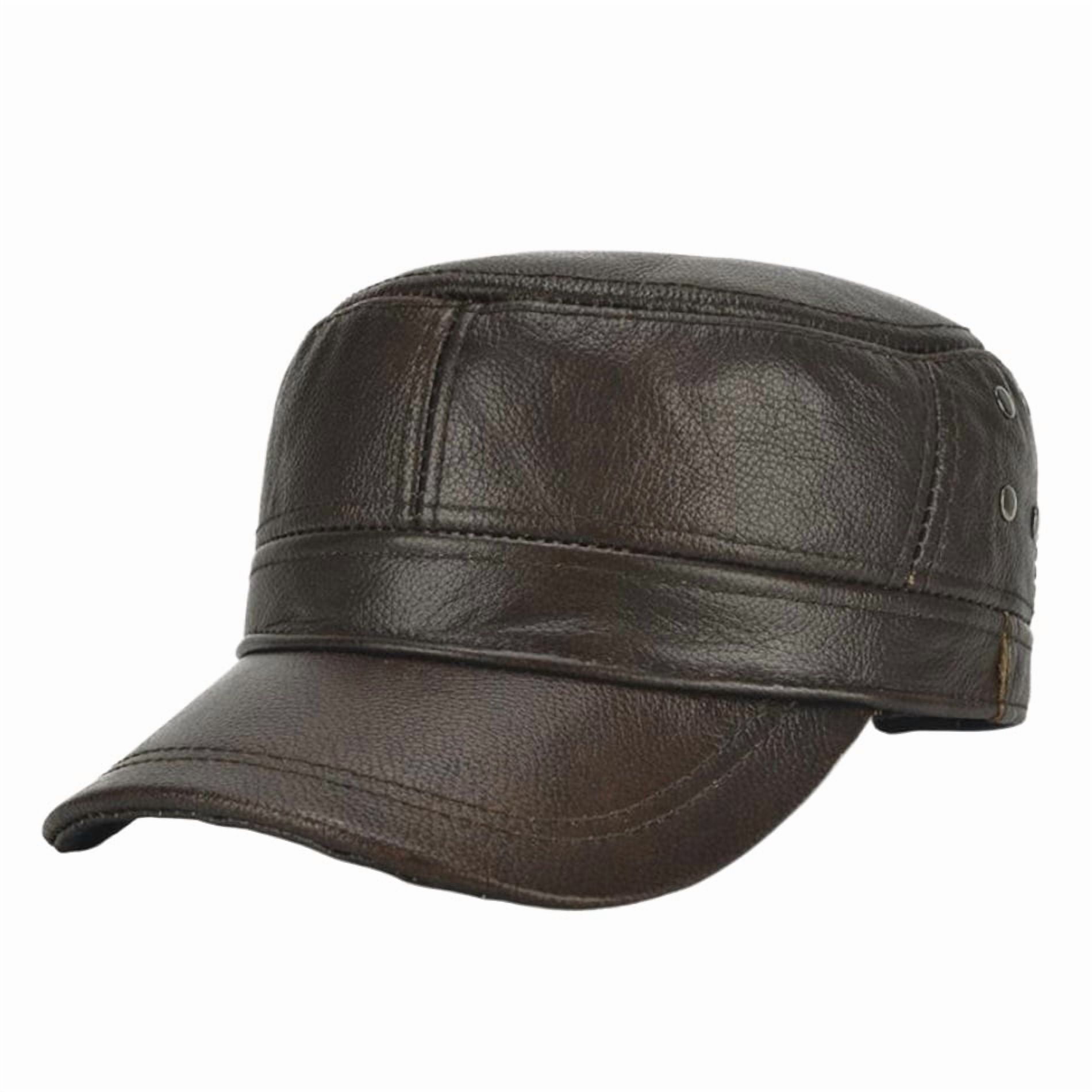 Men Cap Leather Brown Navy Captain Hat Real Cowskin Leather Adjustable ...