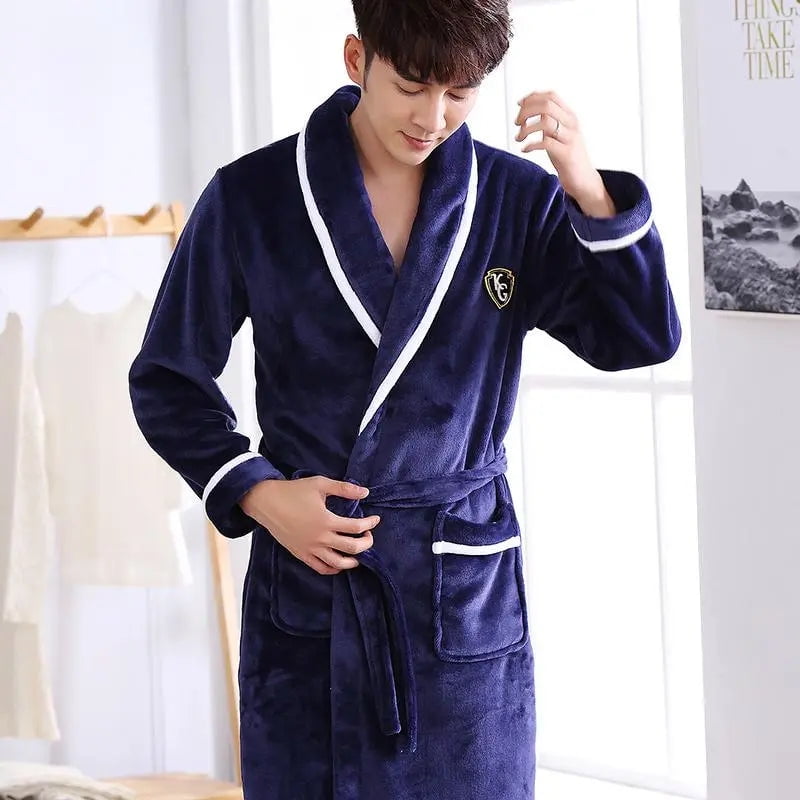 Men Casual Kimono Bathrobe Autumn Winter Flannel Long Robe Thick Warm ...