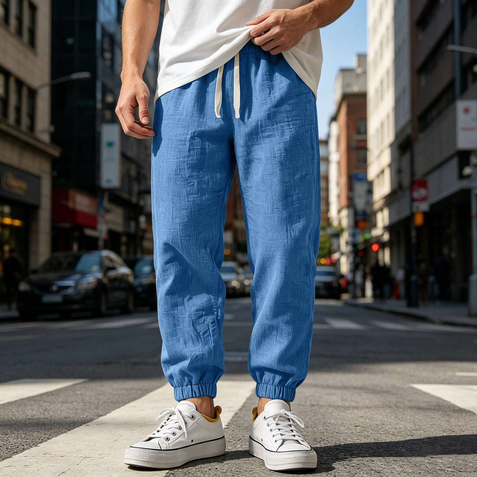 Men Casual Linen Jogger Pants Relaxed Fit Trousers Elastic Waist ...