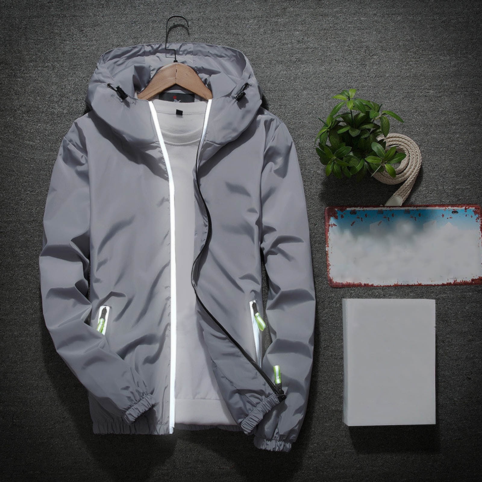 Men Casual Long Sleeve Pocket Hooded Reflective Coat Loose Solid Zipper ...