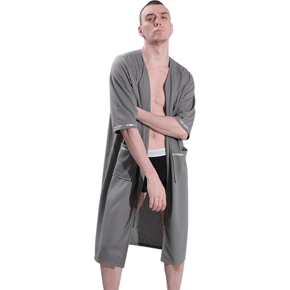 Men Casual Loose 3/4 Sleeve Zipper Front Bathrobe Housecoat Full Length ...