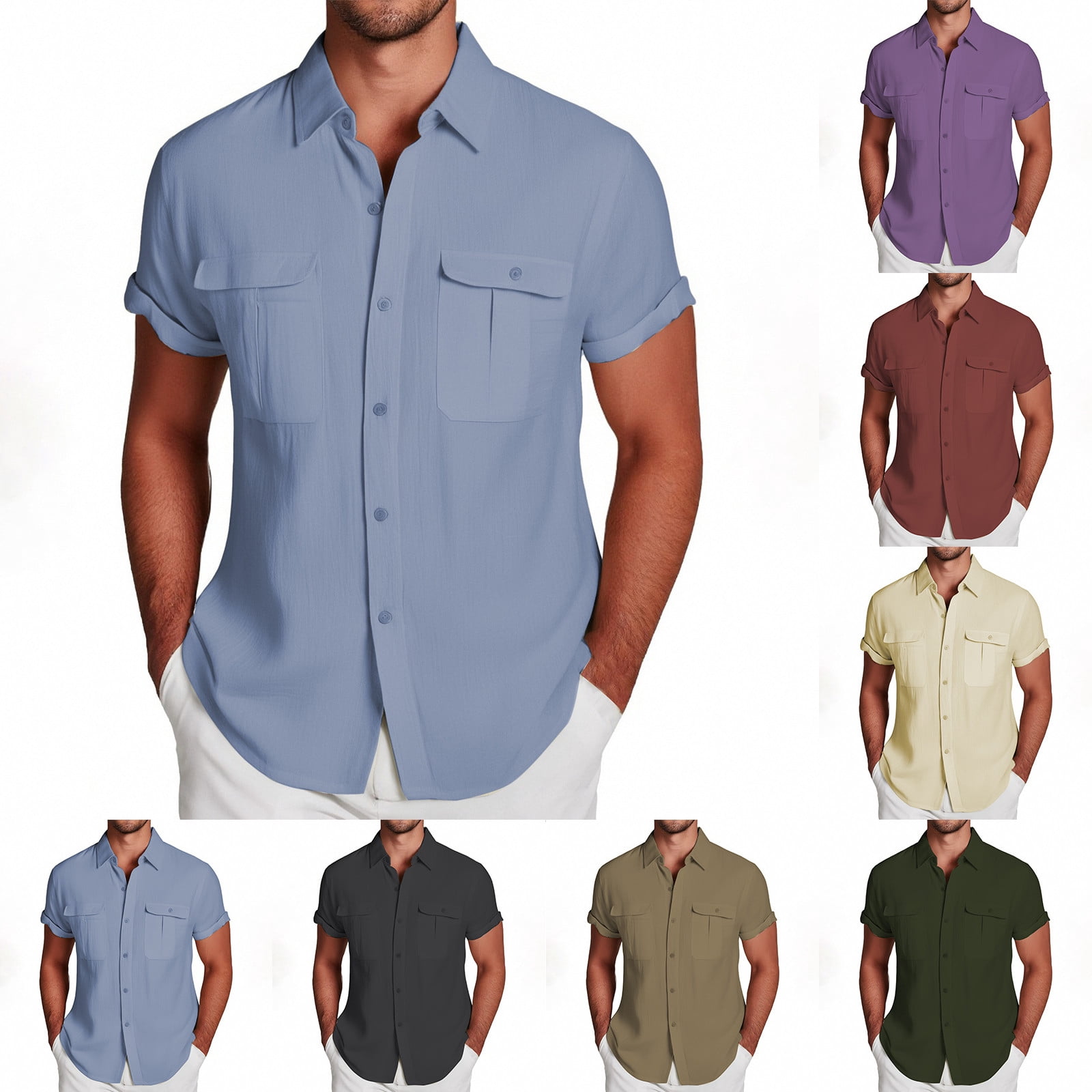 Men Casual Shirt Plus Size Double Pocket Short Sleeve Elegant Turn Down ...