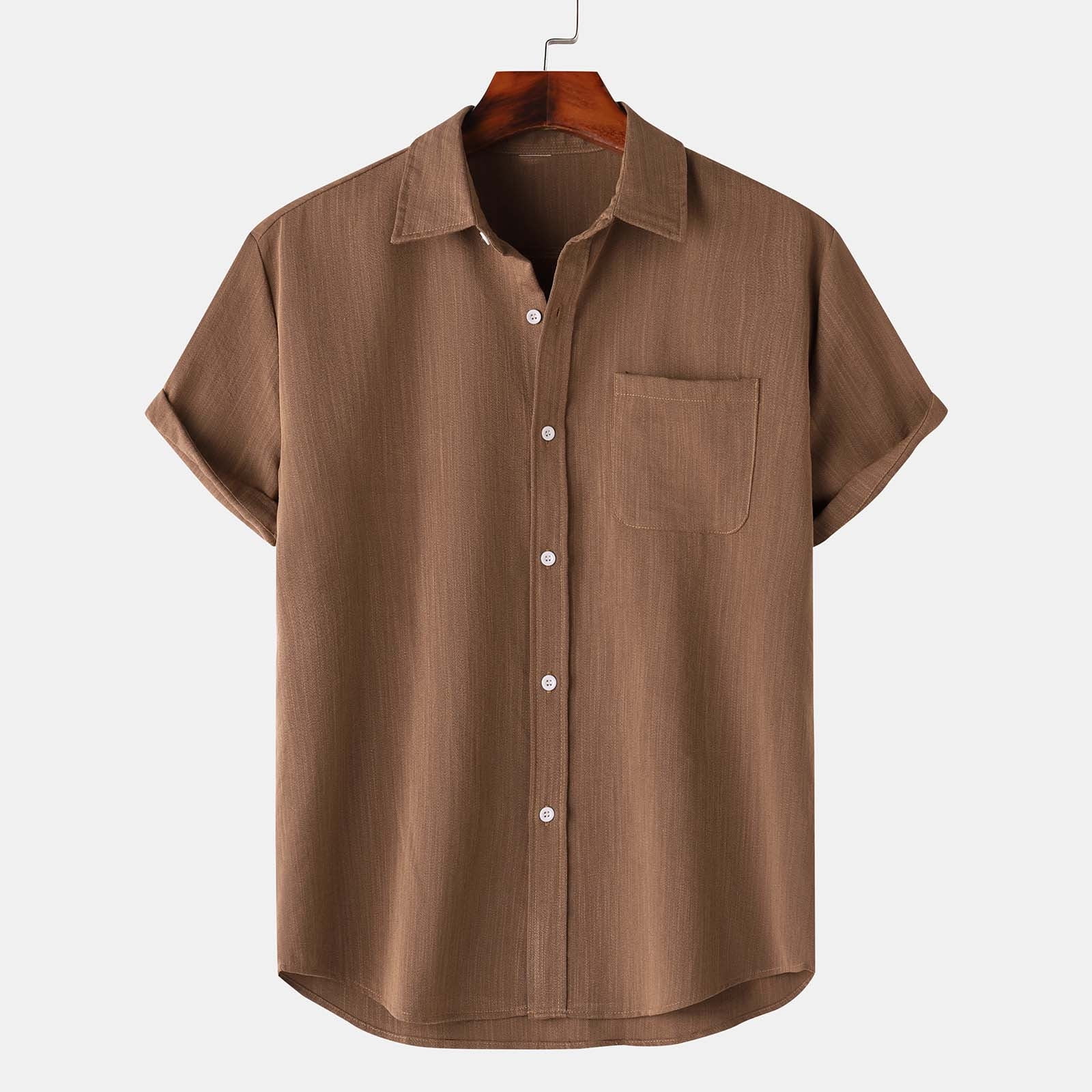 Men Casual Solid Turndown Shirts Short Sleeve Button Closure Shirt ...