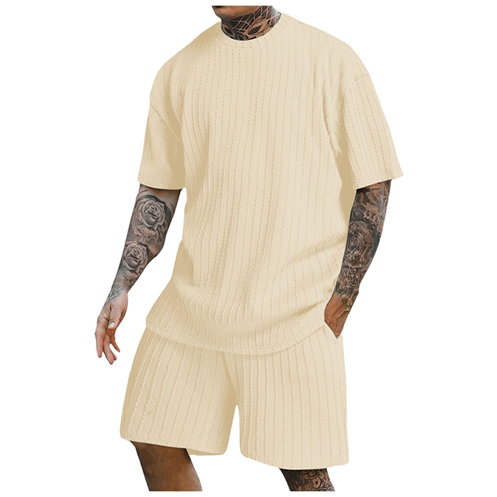 Men Clothing Men's Rib Shirt Short Sleeve And Shorts Slim Fit Muscle T ...