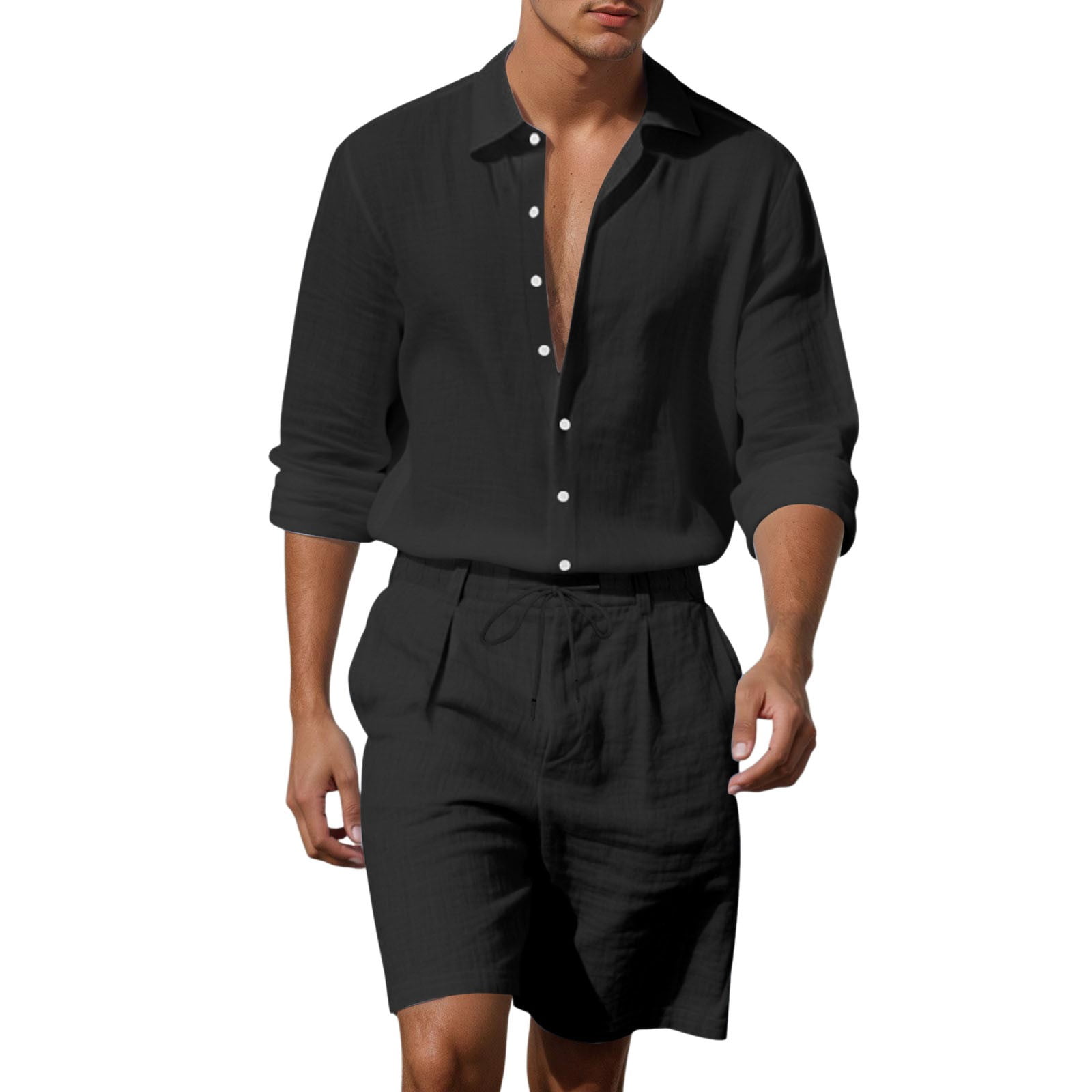 Men Clothing Men's Summer Linen Loose Beach Long Sleeved Shirt Shorts ...