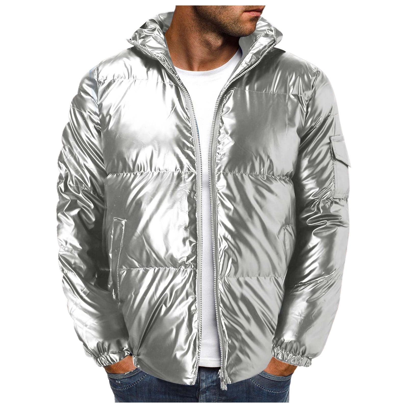 Men Coats Plain Jacket With Reflective Loose Stand-up Collar And Thick ...
